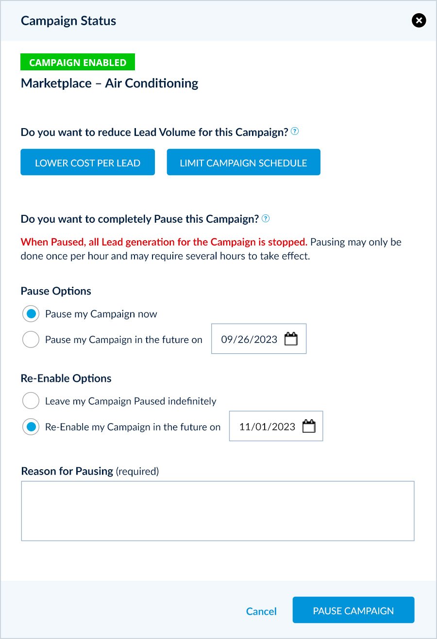 How to Pause or Enable a Campaign