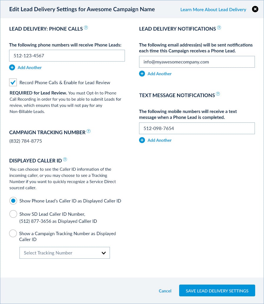 Lead Delivery & Lead Notifications Settings